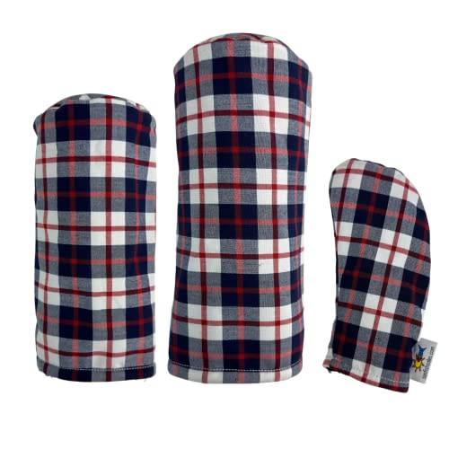 Sunfish Tartan Golf Headcover Set White, Navy, Red Plaid - Driver, Fairway, Hybrid