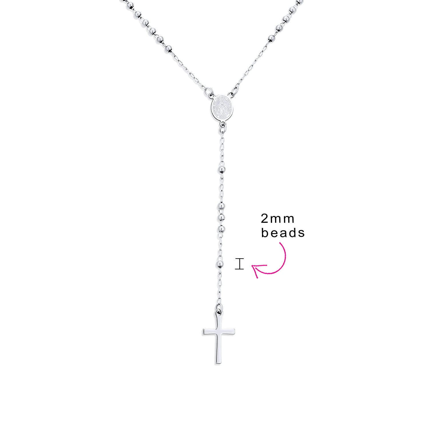 Bling Jewelry Religious Christian Dainty 2MM Round Ball Beaded Link Holy Mother Virgin Mary Delicate Simple Cross Prayer Rosary Rosario Chain for Women Teen Silver Tone Stainless Steel