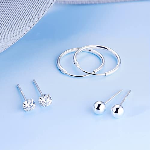 LANE WOODS 3 Pairs Sterling Silver Hoop Stud Earrings Sets for Women: Hypoallergenic Small Tiny Ball Stud CZ Dainty Endless Sterling Silver Huggie Hoops Earrings Piecing Jewelry for Women Sensitive Ears