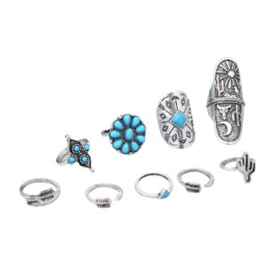 colorful bling 9 pcs set boho western ring set turquoise cactus arrow flower carved retro stackable joint knuckle finger rings sets for women