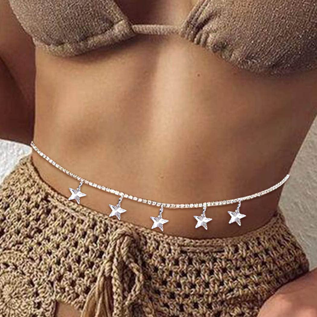 GEMILY Silver Star Waist Chains Rhinestone Belly Chains Sparkle Beach Body chains Jewelry Party Accessory for Women and Girls