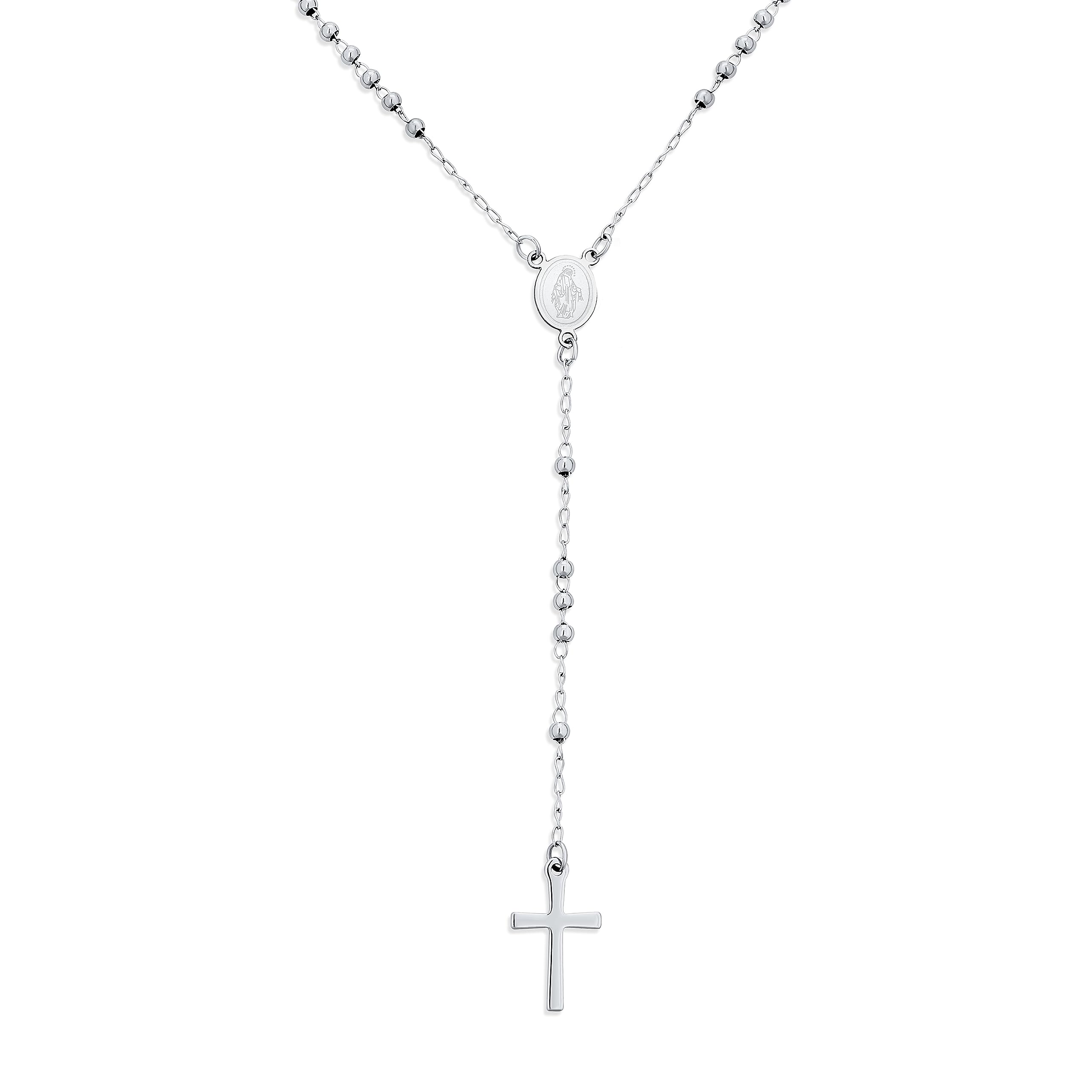 Bling Jewelry Religious Christian Dainty 2MM Round Ball Beaded Link Holy Mother Virgin Mary Delicate Simple Cross Prayer Rosary Rosario Chain for Women Teen Silver Tone Stainless Steel