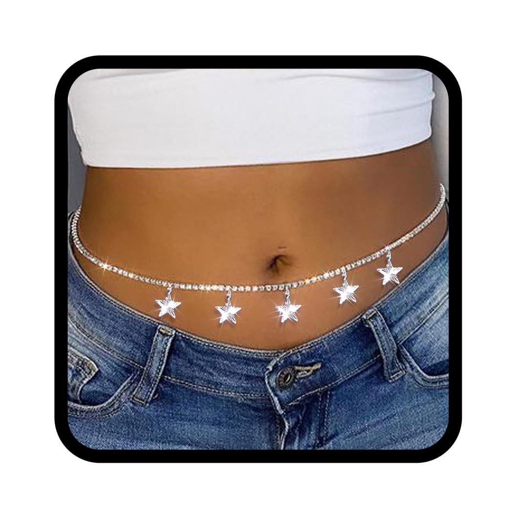 GEMILY Silver Star Waist Chains Rhinestone Belly Chains Sparkle Beach Body chains Jewelry Party Accessory for Women and Girls