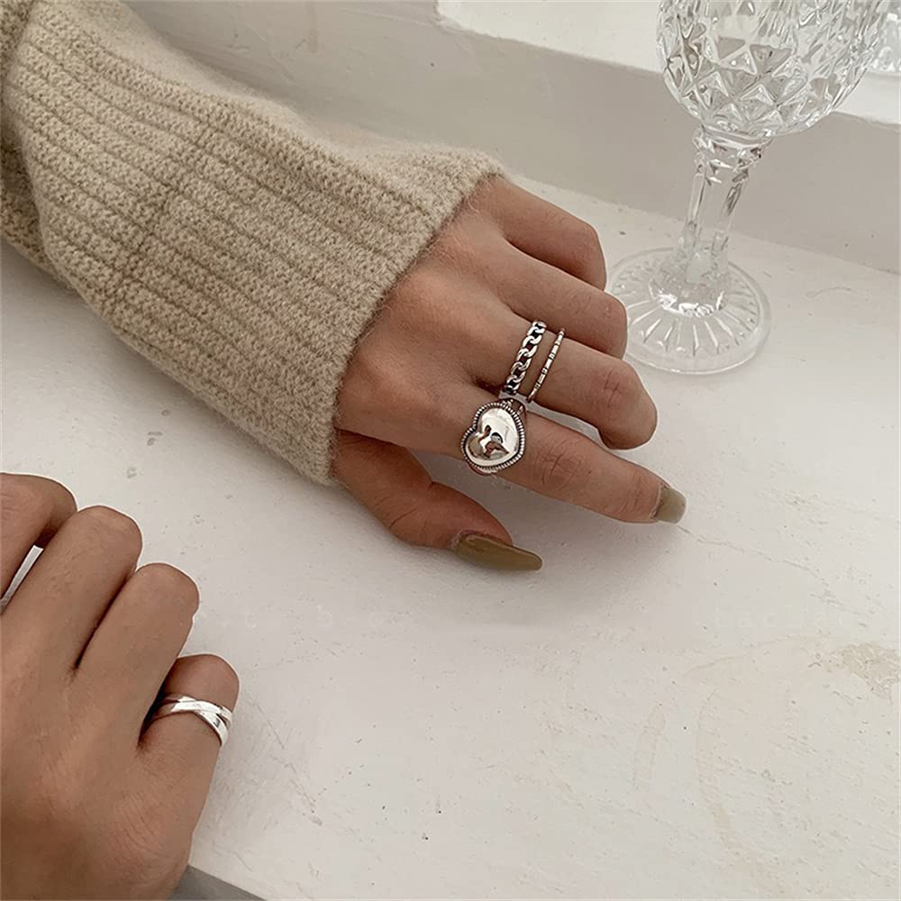 Vintage Chunky Heart Chain Ring for Women Silver Plated Wide Statement Adjustable Layered Curb Chains Open Band Knuckle Tail Finger Rings Comfort Fit Retro Dainty Jewelry (Lacy Love)