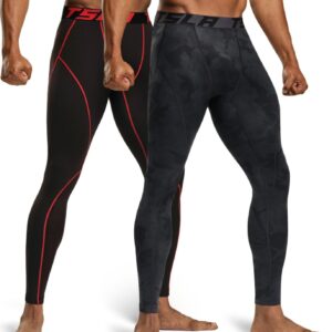 TSLA Men's Thermal Compression Pants, Athletic Sports Leggings & Running Tights, Wintergear Base Layer Bottoms, 2pack Tights Black&red/Woodland Slash Black, X-Large