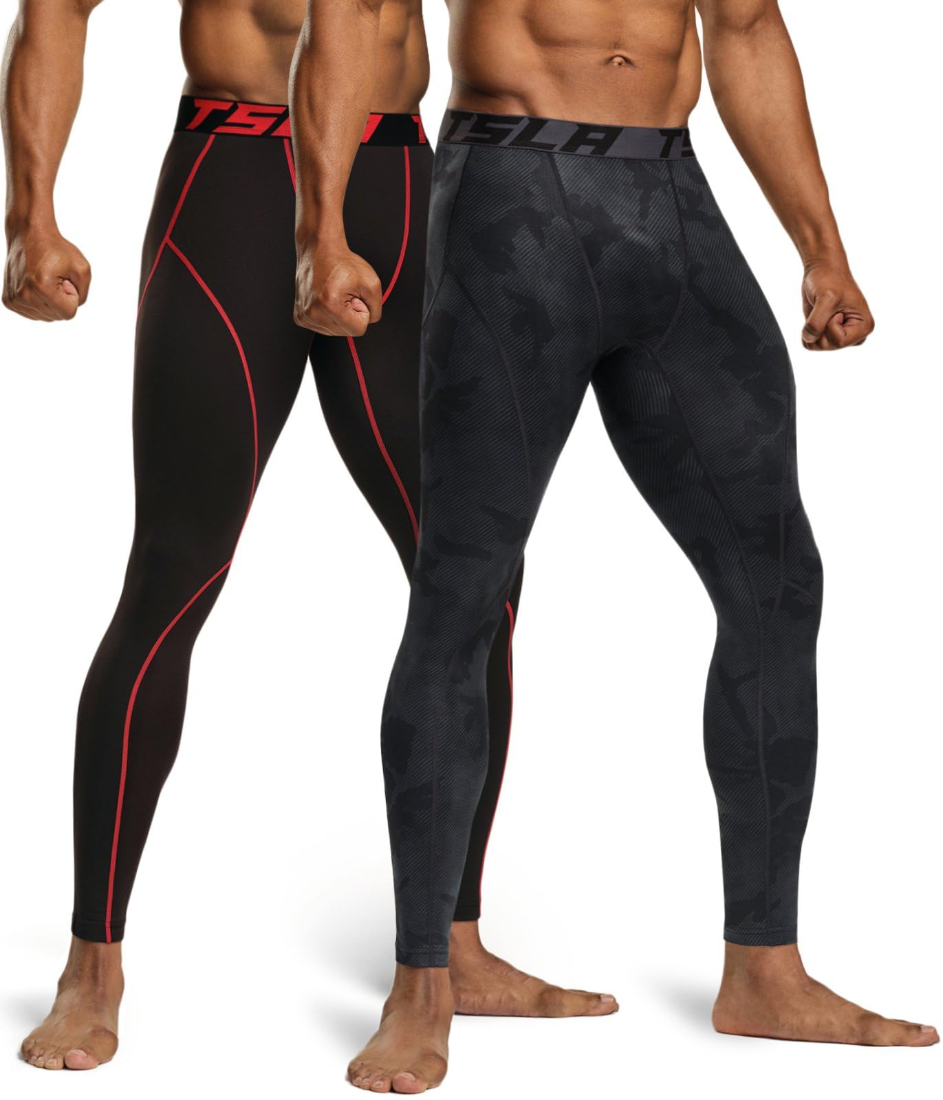 TSLA Men's Thermal Compression Pants, Athletic Sports Leggings & Running Tights, Wintergear Base Layer Bottoms, 2pack Tights Black&red/Woodland Slash Black, X-Large