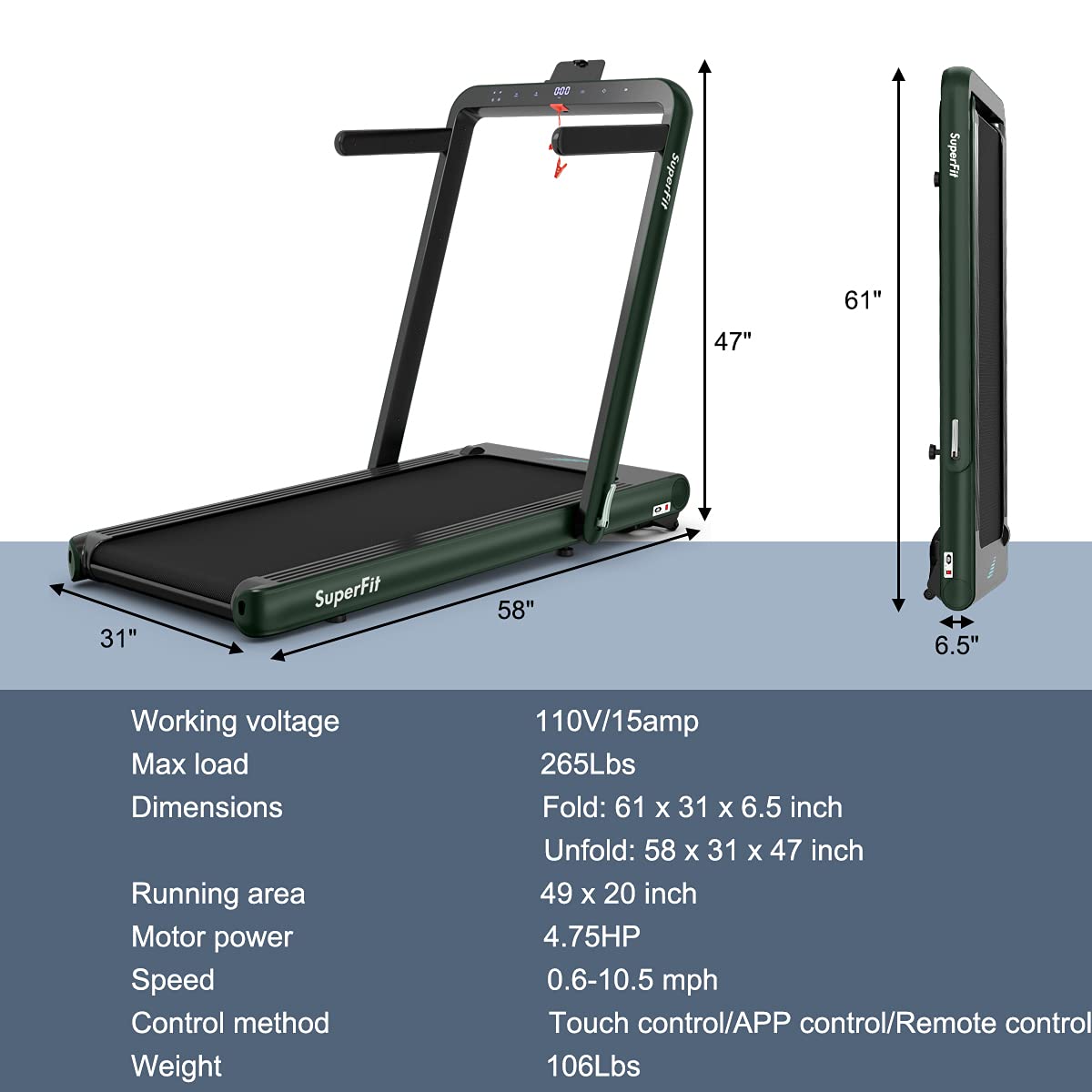 GYMAX Under Desk Folding Treadmill, 4.75HP 2 in 1 Running Walking Machine with Heart Rate Control, APP Control, LED Touch Screen and Remote, Luxury Treadmill for Home/Gym (Green)