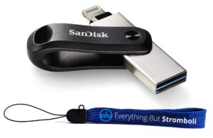 sandisk 128gb ixpand go flash drive for iphone, ipad, computers & laptops - 2-for-1 usb 3.0 drive with type a & lightning connectors (sdix60n-128g-gn6ne) bundle with 1 everything but stromboli lanyard