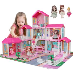 mini tudou doll house dreamhouse for girls, dollhouse with lights, play mat and dolls,diy building pretend play house with accessories furniture and household items,playhouse for girls 3-12 (9 rooms)