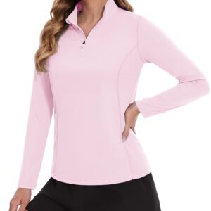 TACVASEN Women's Rash Guard Shirts Pink Workout Tops Long Sleeve Quarter Zip Pullover Womens UPF 50+ Golf Shirts, L