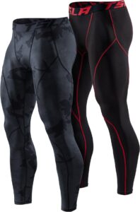 tsla men's thermal compression pants, athletic sports leggings & running tights, wintergear base layer bottoms, 2pack tights black&red/woodland slash black, x-large