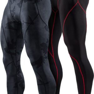 TSLA Men's Thermal Compression Pants, Athletic Sports Leggings & Running Tights, Wintergear Base Layer Bottoms, 2pack Tights Black&red/Woodland Slash Black, X-Large