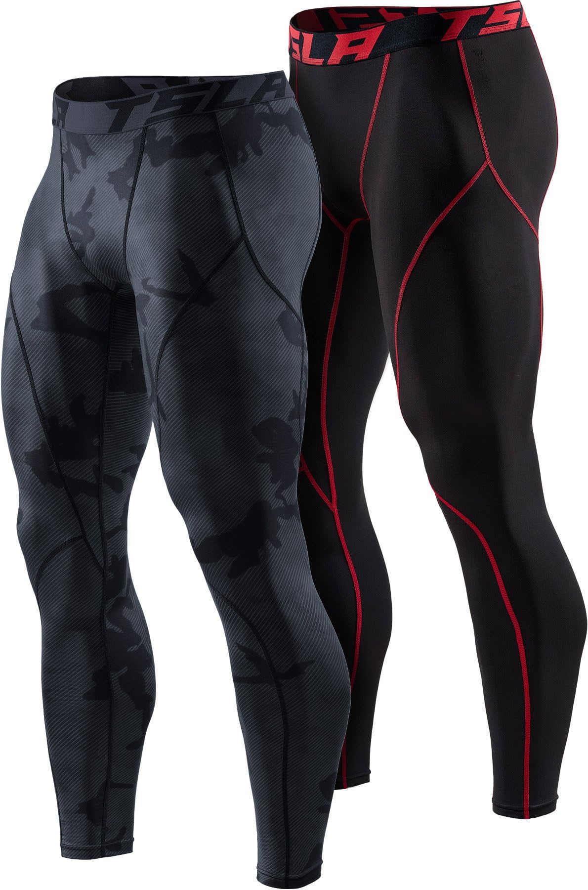 TSLA Men's Thermal Compression Pants, Athletic Sports Leggings & Running Tights, Wintergear Base Layer Bottoms, 2pack Tights Black&red/Woodland Slash Black, X-Large