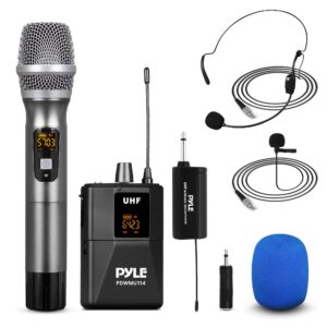 pyle uhf wireless microphone system kit - portable professional cordless microphone set wireless mic - headset, lavalier, beltpack transmitter, receiver - karaoke, conference pdwmu114, black