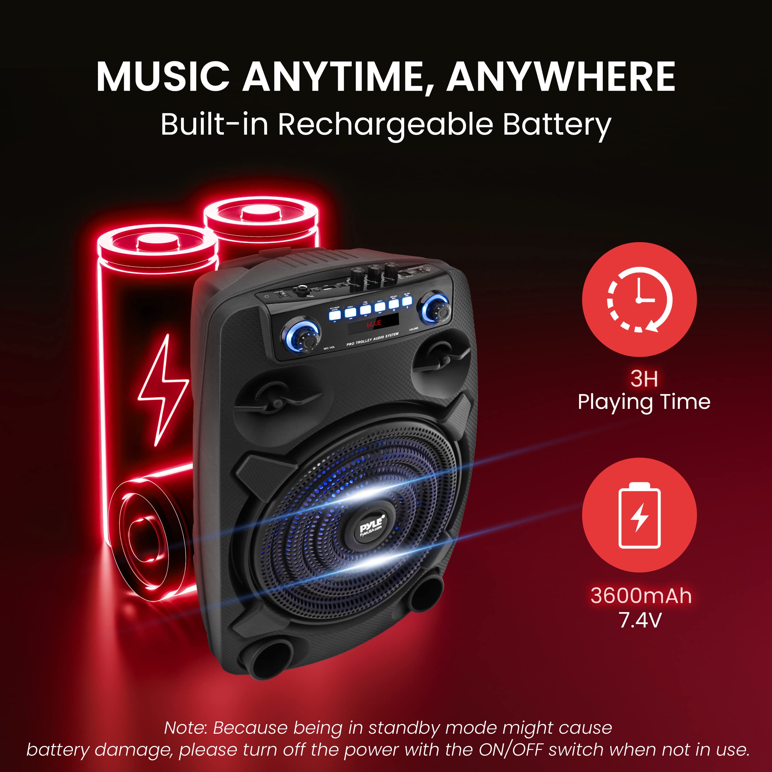 Pyle Portable Bluetooth PA Speaker System - 800W 12” Outdoor Bluetooth Speaker Portable PA System - Party Lights, USB SD Card Reader, FM Radio, Rolling Wheels - Wired microphone, Remote - PPHP127B