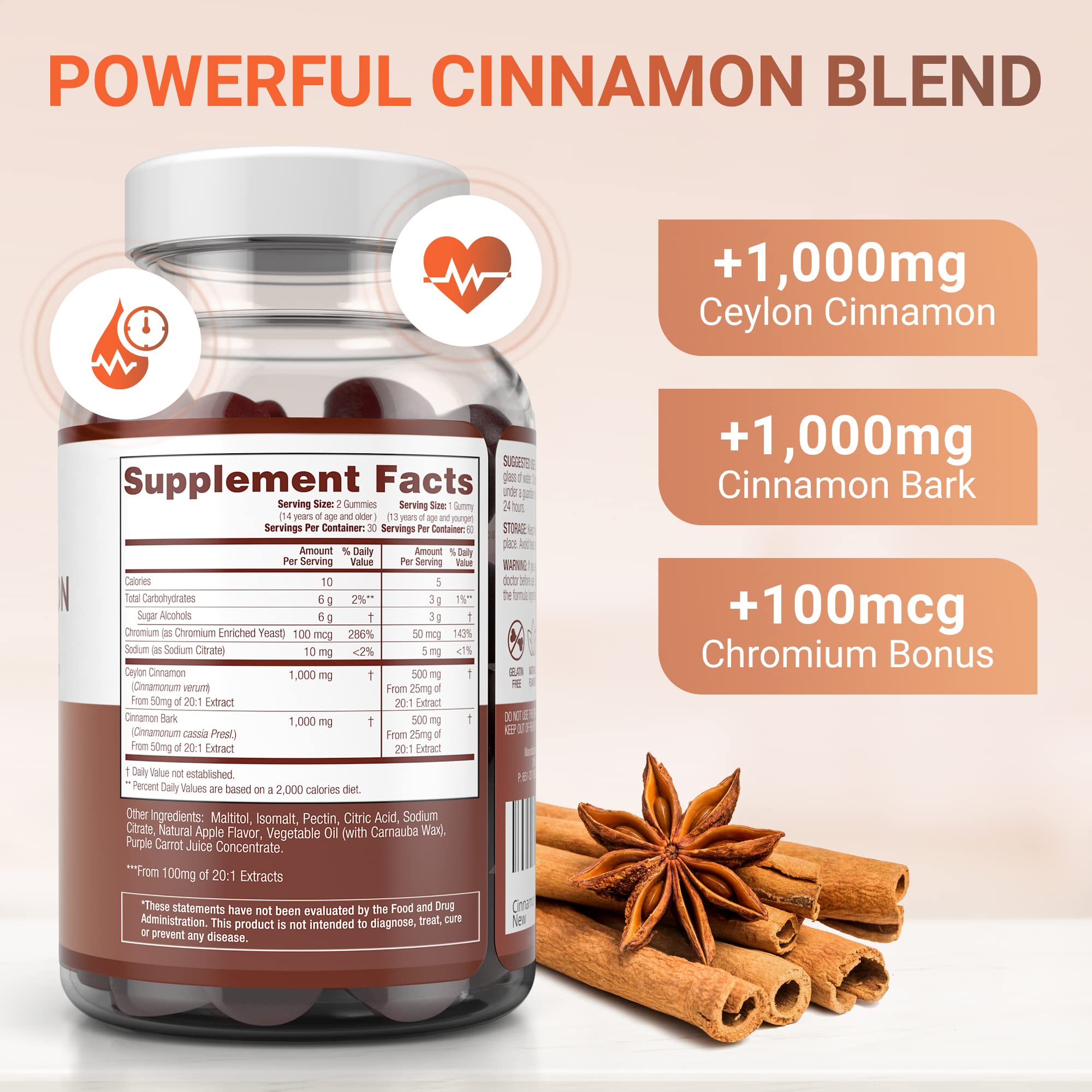 Sugar-Free Ceylon Cinnamon Gummies (2,000mg/Serving) Joint Pain Support Cinnamon Supplement & Brain Health, Vegan, Gluten-Free, Replace Ceylon Cinnamon Capsules, Pills, Powder Extract 60 Chews