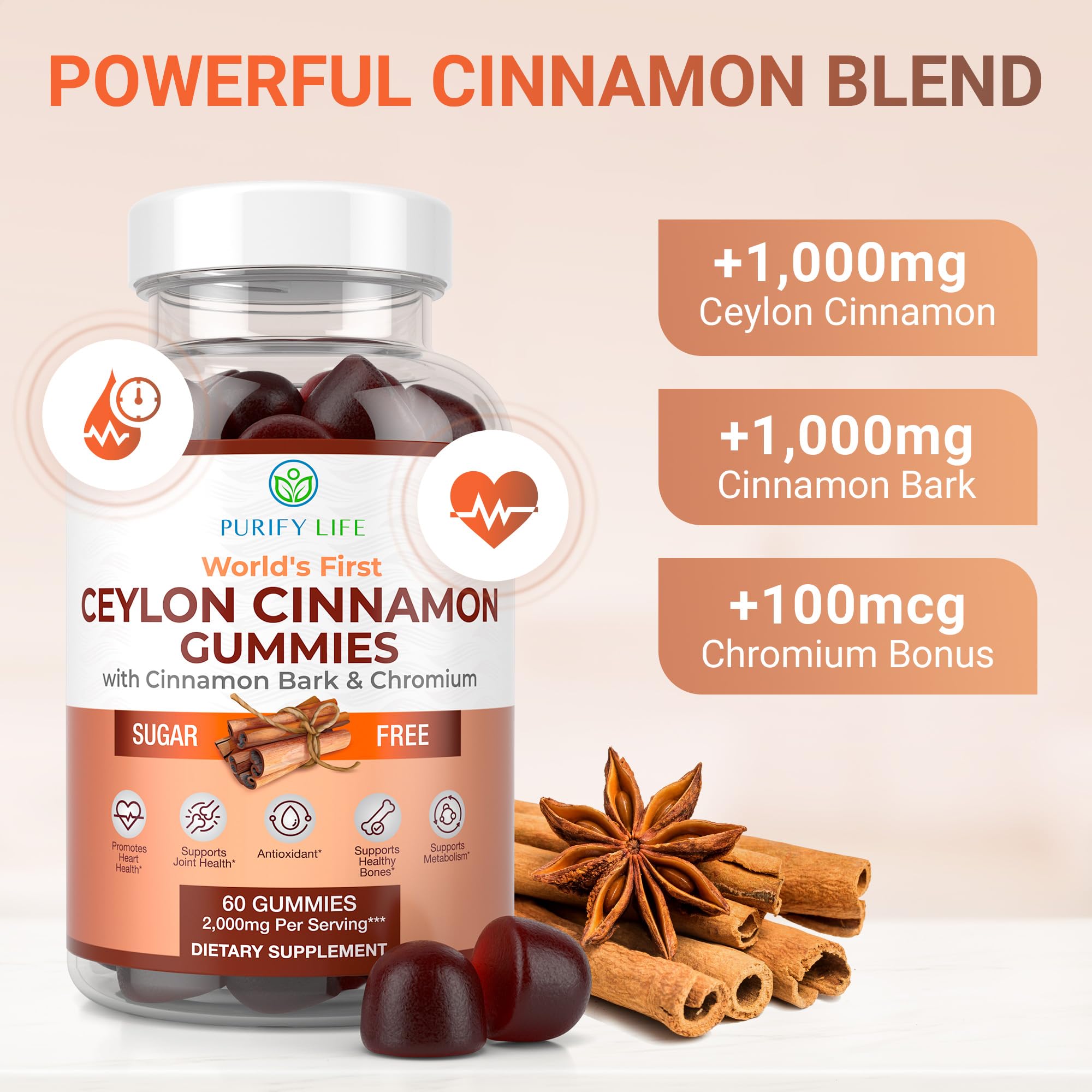 Sugar-Free Ceylon Cinnamon Gummies (2,000mg/Serving) Joint Pain Support Cinnamon Supplement & Brain Health, Vegan, Gluten-Free, Replace Ceylon Cinnamon Capsules, Pills, Powder Extract 60 Chews