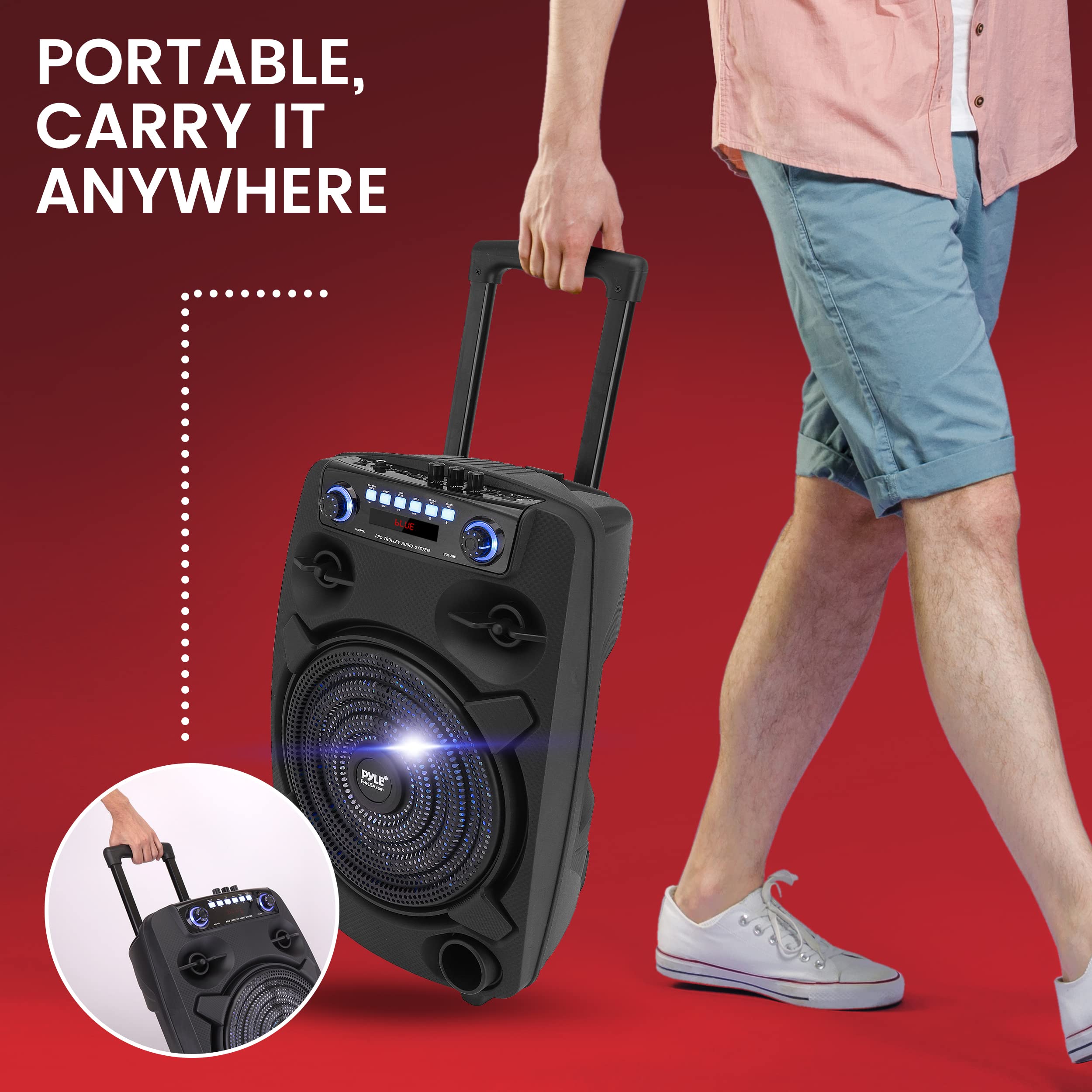 Pyle Portable Bluetooth PA Speaker System - 800W 12” Outdoor Bluetooth Speaker Portable PA System - Party Lights, USB SD Card Reader, FM Radio, Rolling Wheels - Wired microphone, Remote - PPHP127B