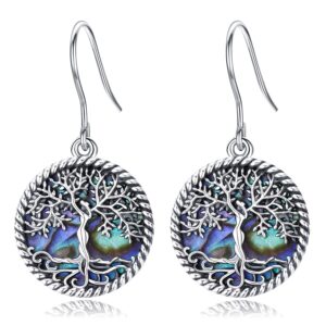 odinstone sterling silver tree of life earrings for women family tree pendants natural abalone shell drop dangle earrings necklace fashion jewelry, with fine gift