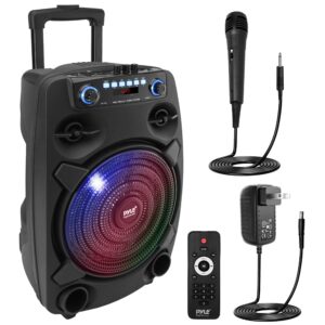 pyle portable bluetooth pa speaker system - 800w 12” outdoor bluetooth speaker portable pa system - party lights, usb sd card reader, fm radio, rolling wheels - wired microphone, remote - pphp127b