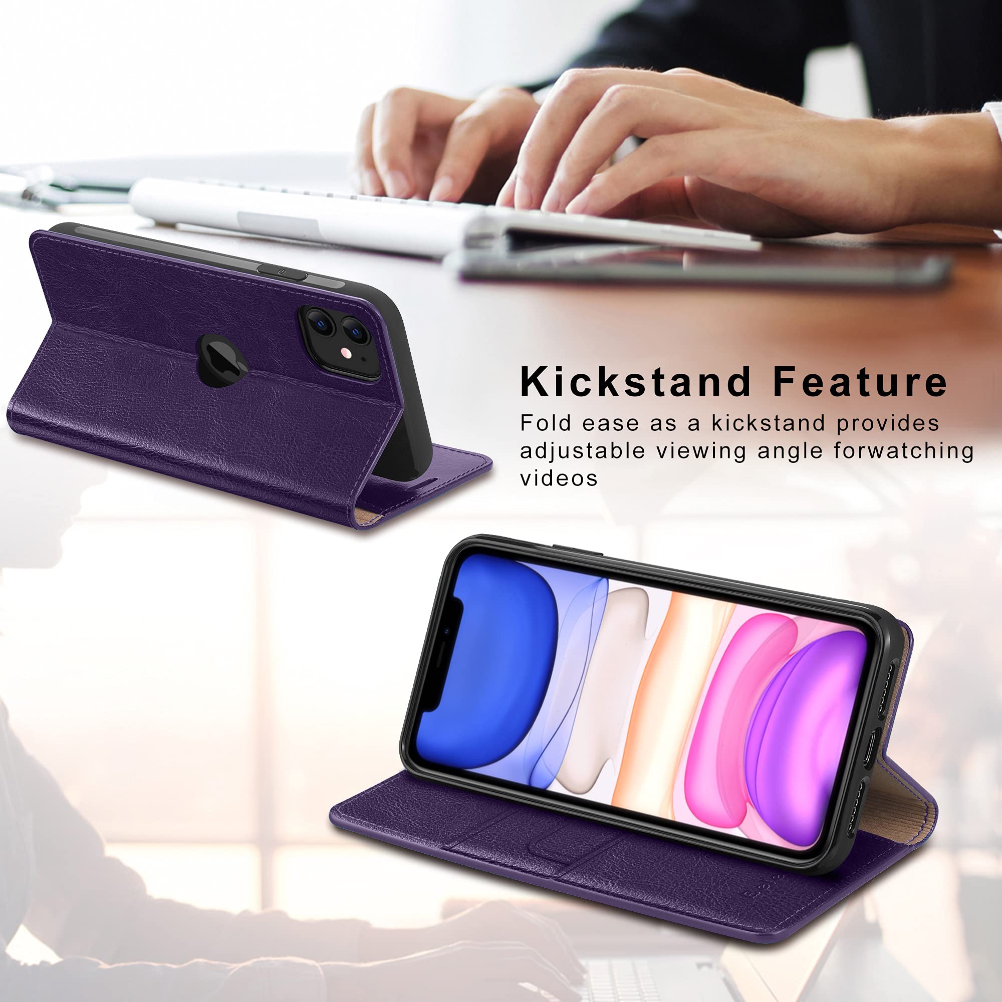 Belemay iPhone 11 Wallet Case, iPhone 11 Case, [Genuine Cowhide Leather] Flip Cover [RFID Blocking] Card Holder [Soft TPU Shell] Book Folio Folding Case, Kickstand Function (2019 6.1 inch) Purple