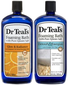 dr teal's foaming bath variety gift set (2 pack, 34oz ea.) - glow & radiance vitamin c & citrus, detoxify & energize ginger & clay - essential oils with epsom salt - treat your skin, senses & stress