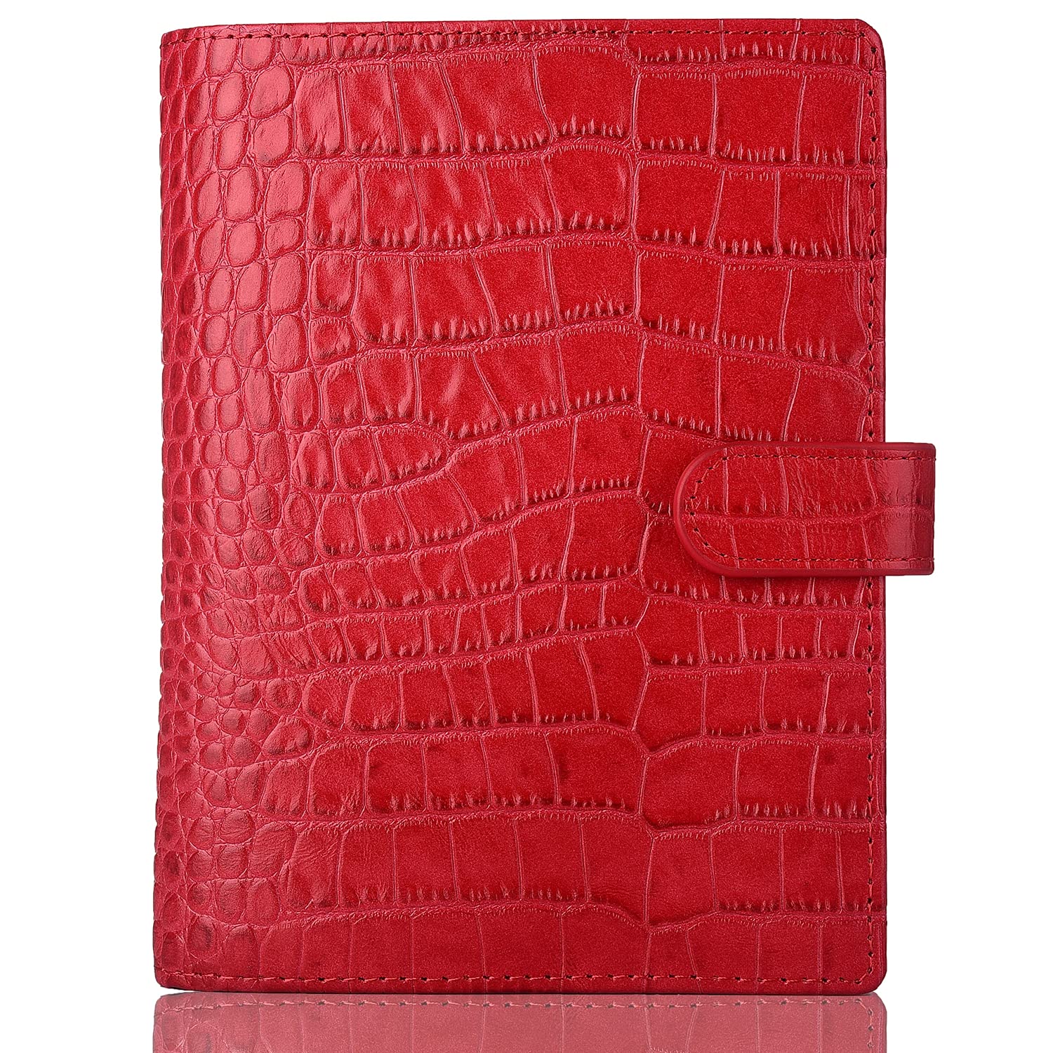 Genuine Leather a6 Planner Cover with Pen Loop Card Slots Zipper Pockets, Personal Organizer Cover, Compatible with Most A6 size Planners notebooks (Crocodile-Red)