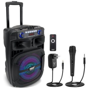 pyle portable bluetooth pa speaker system - 800w 12”outdoor bluetooth speaker portable pa system-party lights,usb sd card reader,fm radio,rolling wheels-wired microphone, remote - pphp128b, black,blue