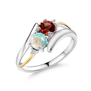 gem stone king 925 sterling silver and 10k yellow gold red garnet white simulated opal and lab grown diamond 2 stone crossover ring (1.52 cttw, available in size 5, 6, 7, 8, 9)