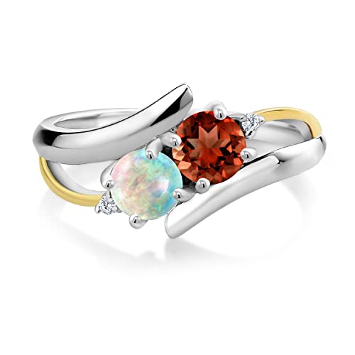 Gem Stone King 925 Sterling Silver and 10K Yellow Gold Red Garnet White Simulated Opal and Lab Grown Diamond 2 Stone Crossover Ring (1.52 Cttw, Available in size 5, 6, 7, 8, 9)