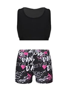 yonghs kids girls sports tankini outfit crop top with booty shorts gymnastic suit swimsuit swimwear rock music rose 5-6 years