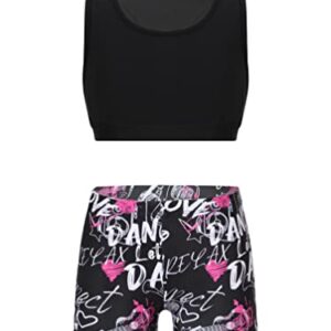 YONGHS Kids Girls Sports Tankini Outfit Crop Top with Booty Shorts Gymnastic Suit Swimsuit Swimwear Rock Music Rose 5-6 Years