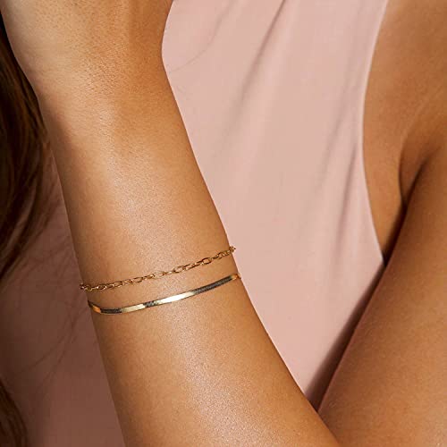 Pencros Gold Layered Bracelet,14K Gold Filled Dainty Herringbone Elegant Pearl Oval Chain Cute Beads Bracelet for Women (Layer Snake Chain Gold)