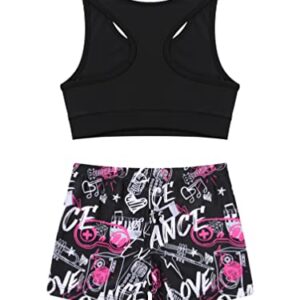 YONGHS Kids Girls Sports Tankini Outfit Crop Top with Booty Shorts Gymnastic Suit Swimsuit Swimwear Rock Music Rose 5-6 Years