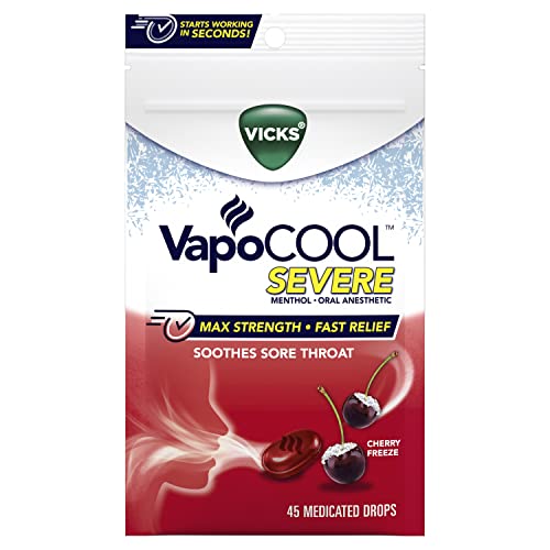 Vicks VapoCOOL SEVERE Medicated Sore Throat Drops, Fast-Acting Max Strength Relief, Soothes Sore Throat Pain Caused by Cough, Powerful Vicks Vapors, Menthol, Cherry Freeze, 225 Total (5 Packs of 45)