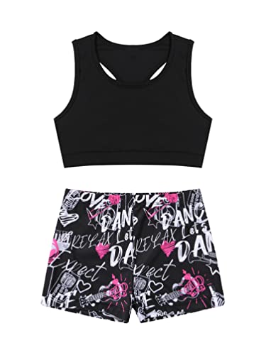 YONGHS Kids Girls Sports Tankini Outfit Crop Top with Booty Shorts Gymnastic Suit Swimsuit Swimwear Rock Music Rose 5-6 Years