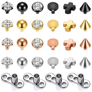 bodyace 16g crystal micro dermal tops, stainless steel dermal base, rose gold dermal anchor tops for women men, skin piercing tops 3mm 4mm dermal piercing jewelry (d set:28pcs(4mm))