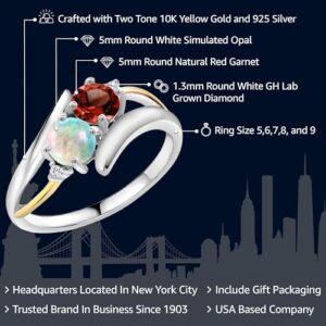 Gem Stone King 925 Sterling Silver and 10K Yellow Gold Red Garnet White Simulated Opal and Lab Grown Diamond 2 Stone Crossover Ring (1.52 Cttw, Available in size 5, 6, 7, 8, 9)