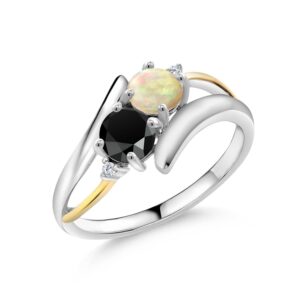 gem stone king 925 silver and 10k yellow gold round cabochon white ethiopian opal black onyx and white lab grown diamond 2 stone crossover ring for women (0.80 cttw, available in size 5, 6, 7, 8, 9)