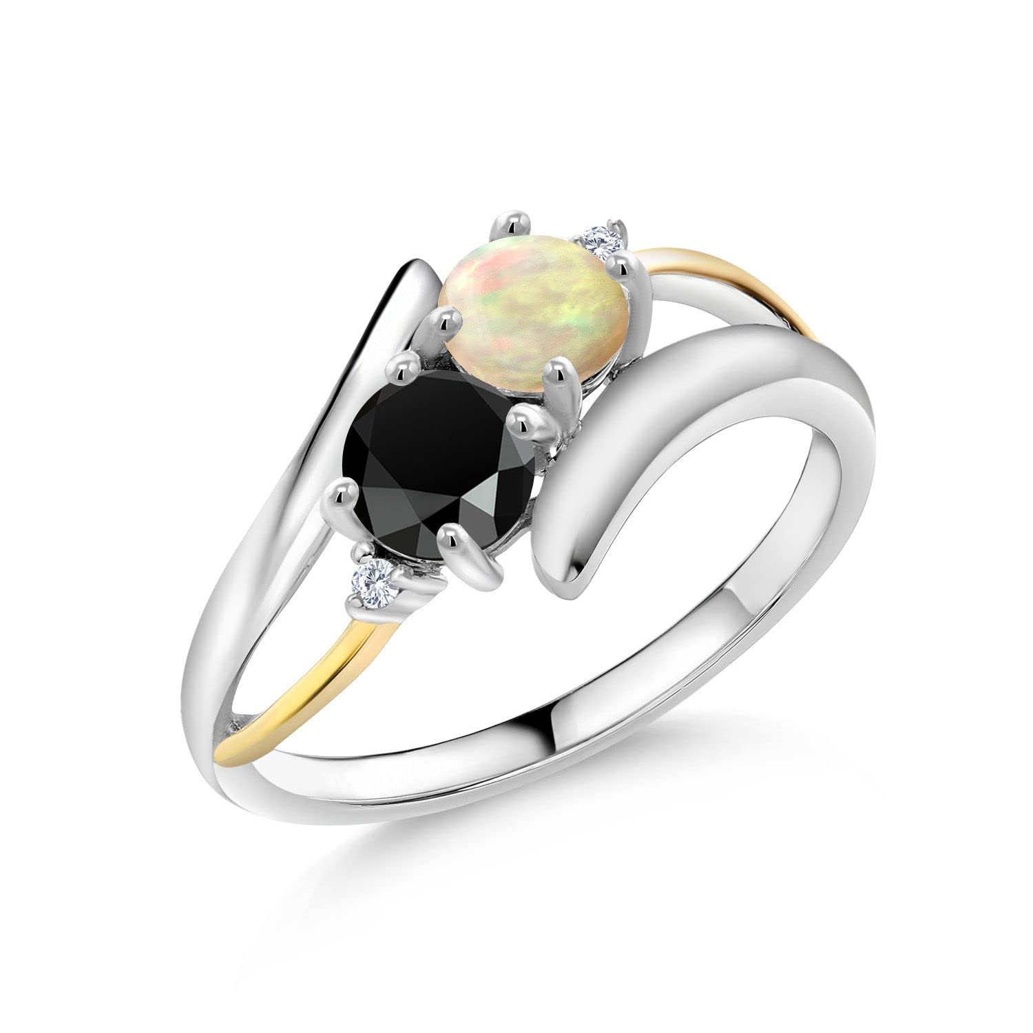 Gem Stone King 925 Silver and 10K Yellow Gold Round Cabochon White Ethiopian Opal Black Onyx and White Lab Grown Diamond 2 Stone Crossover Ring For Women (0.80 Cttw, Available In Size 5, 6, 7, 8, 9)