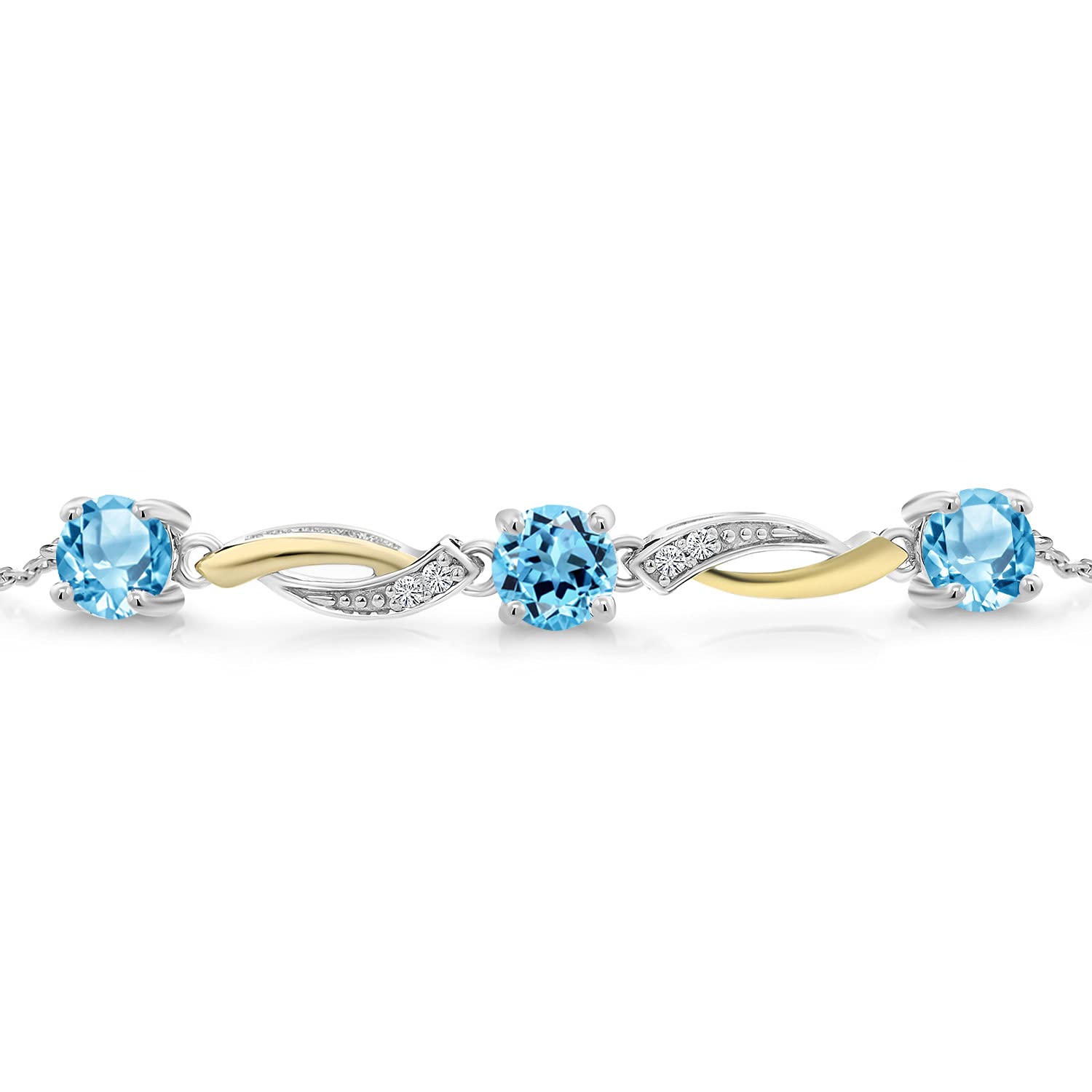 Gem Stone King 1.99 Ct Swiss Blue Topaz G-H Lab Grown Diamond 925 Silver and 10K Yellow Gold 7 Inch Tennis Bracelet For Women with 1 Inch Extender