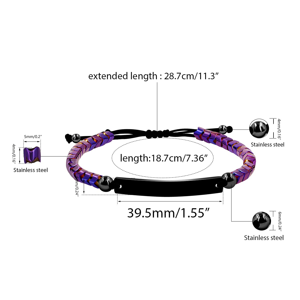 Generic Gear Shape Purple Hematite Beads Customized Name ID Bracelet for Women Girls Best Friends Birthday Graduation Gift Y1457, 1Engraving, Purple Stone