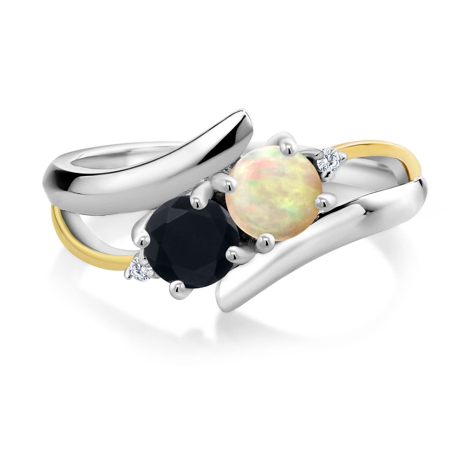 Gem Stone King 925 Silver and 10K Yellow Gold Round Cabochon White Ethiopian Opal Black Onyx and White Lab Grown Diamond 2 Stone Crossover Ring For Women (0.80 Cttw, Available In Size 5, 6, 7, 8, 9)