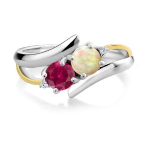 Gem Stone King 925 Sterling Silver & 10K Yellow Gold Round Cabochon White Ethiopian Opal Red Created Ruby & Lab Grown Diamond Women Ring (1.32 Cttw, Available In Size 5, 6, 7, 8, 9)