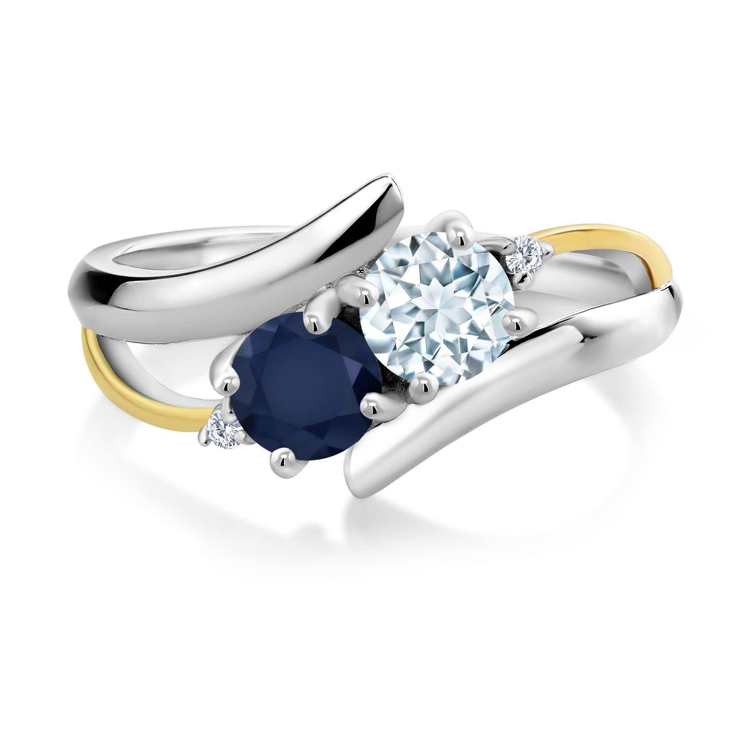 925 Sterling Silver and 10K Yellow Gold Sky Blue Aquamarine Blue Sapphire and White Lab Grown Diamond 2 Stone Crossover Ring (1.12 Cttw, Gemstone Birthstone, Available in size 5, 6, 7, 8, 9)