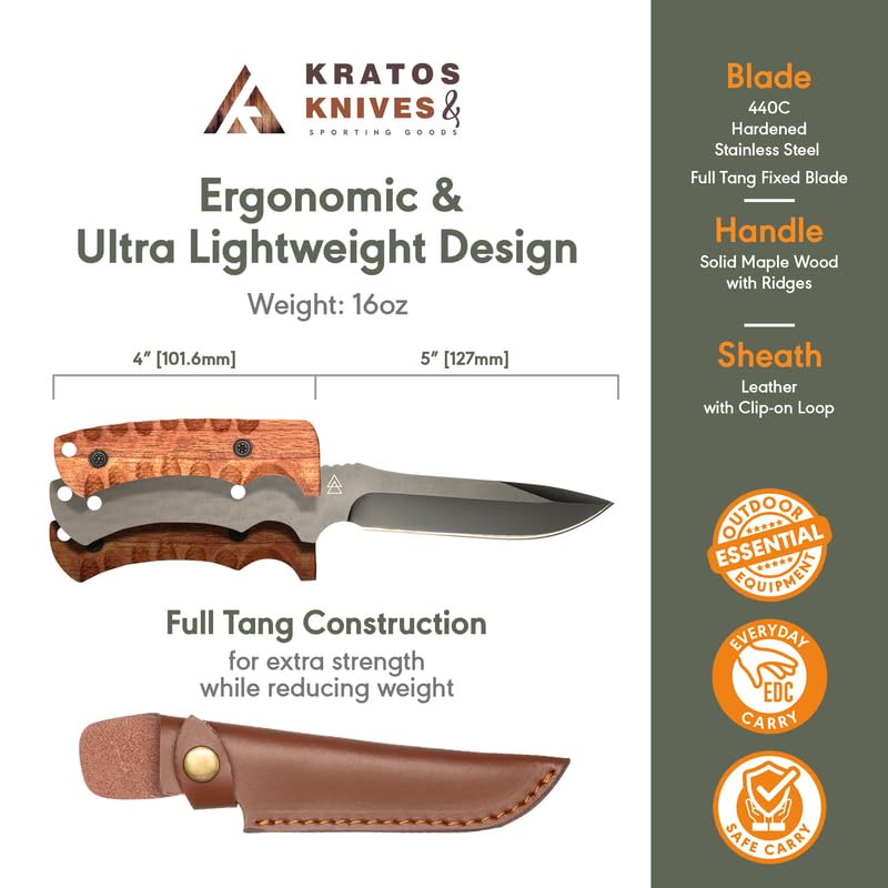 Hunting Knife with Sheath, 9" Fixed Blade EDC Knife with 440C Hardened Stainless Steel Full Tang Survival Knife for Outdoor & Camping Bushcraft Knife, Leather Sheath Included By Kratos - ZFS8