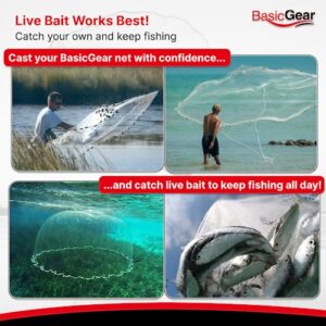 BasicGear Cast Net | Zinc Iron, 3ft Radius, 3/8 inch Mesh for Freshwater and Saltwater Bait Fish | Professional Grade and Upgraded Material | Throw Style