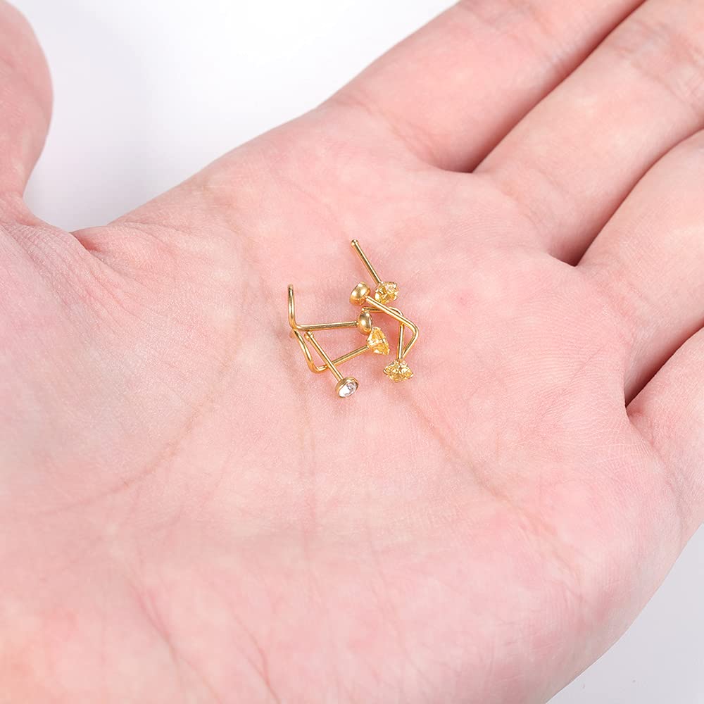 BodyAce 12pcs 20g Gold Nose Ring Hoop Nose Studs for Men Women Nose Piercing Jewelry Diamond Septum Ring Nose Bones/L Shaped/Nose Screw Sets Stainless Steel Nostril Studs (Gold)