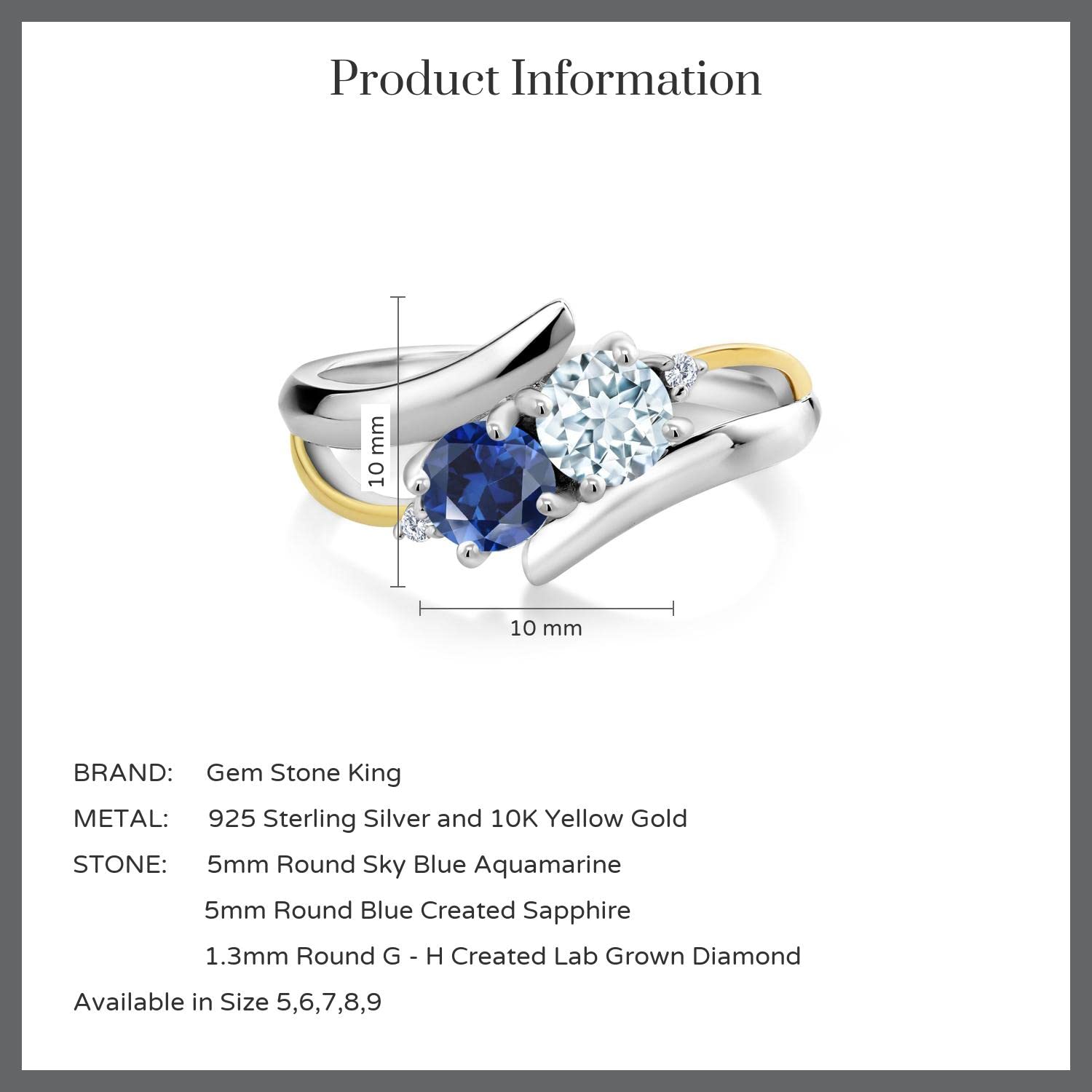 925 Sterling Silver and 10K Yellow Gold Sky Blue Aquamarine Blue Created Sapphire and White Lab Grown Diamond Women Ring (1.12 Cttw, Gemstone Birthstone, Available In Size 5, 6, 7, 8, 9)