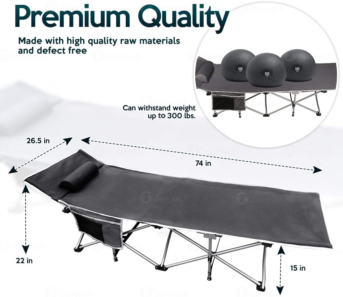 Zone Tech Folding Outdoor Travel Cot - 2 Pack Grey Premium Quality Lightweight Portable Heavy Duty Adult and Kids Travel Cot with Large Pocket